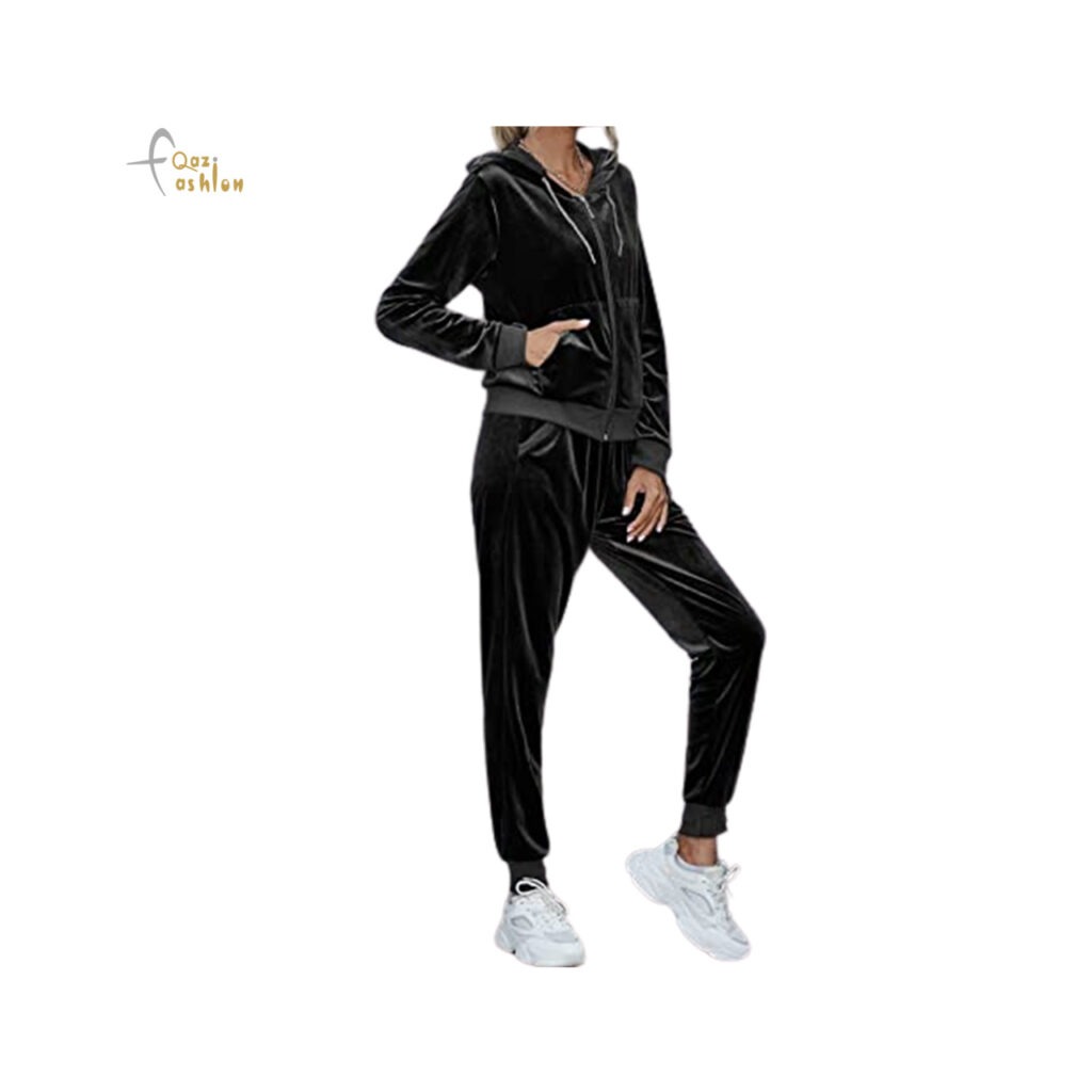 Velour Sets Track Suit Black - by Qazi Fashion PTY LTD